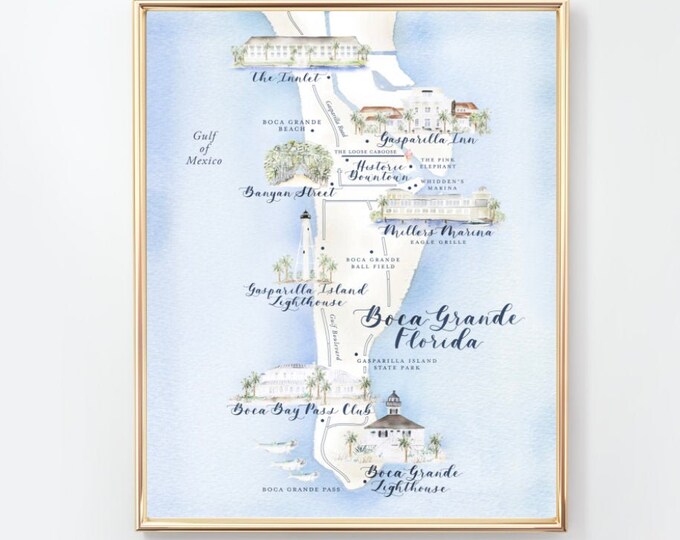 Map of Boca Grande, Florida, Watercolor, Art Print, Keepsake Gift ...