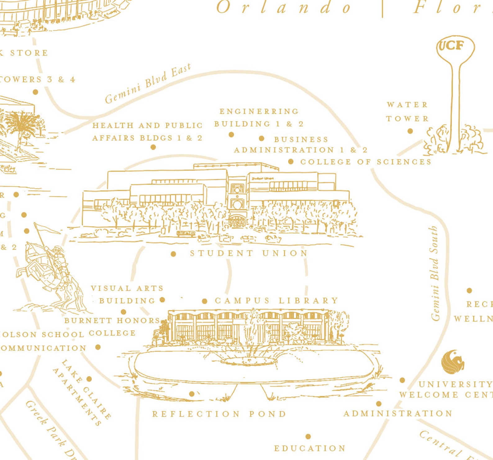 UCF Campus Map Print, UCF Drawing, University of Central Florida ...