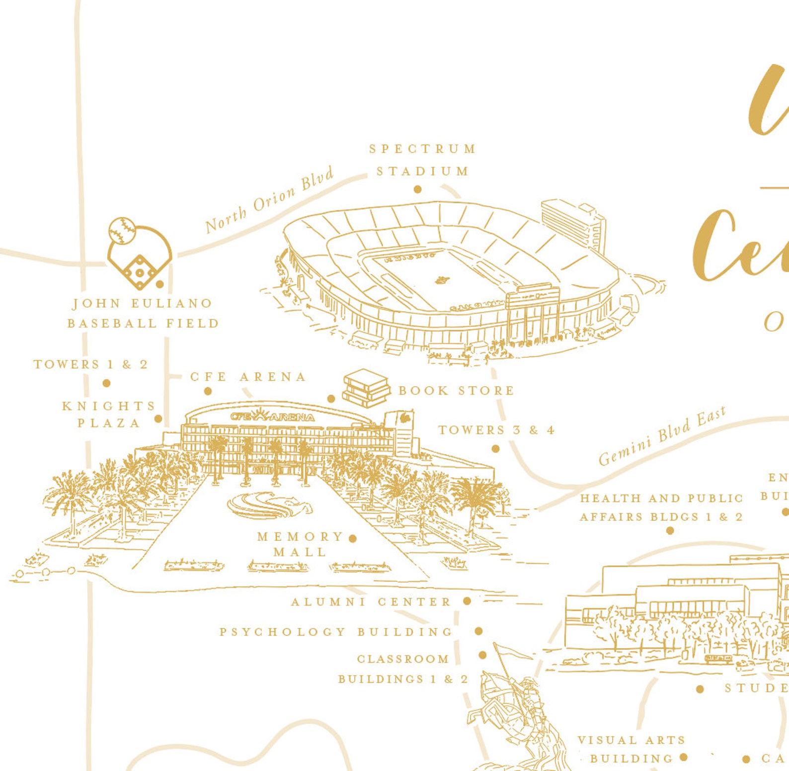 UCF Campus Map Print UCF Drawing University of Central - Etsy