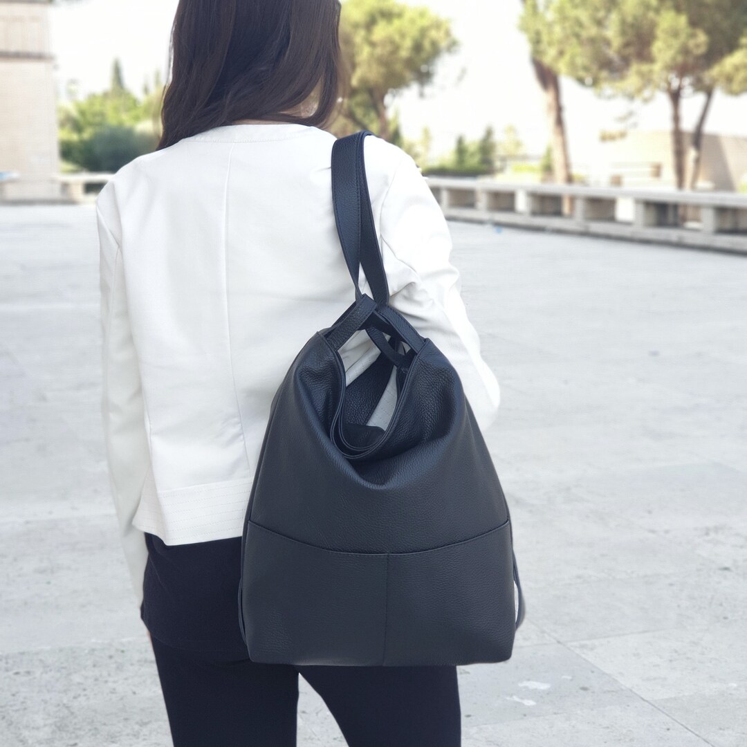 Leather Black Convertible Hobo Backpack Purse, Women's Large Shoulder ...