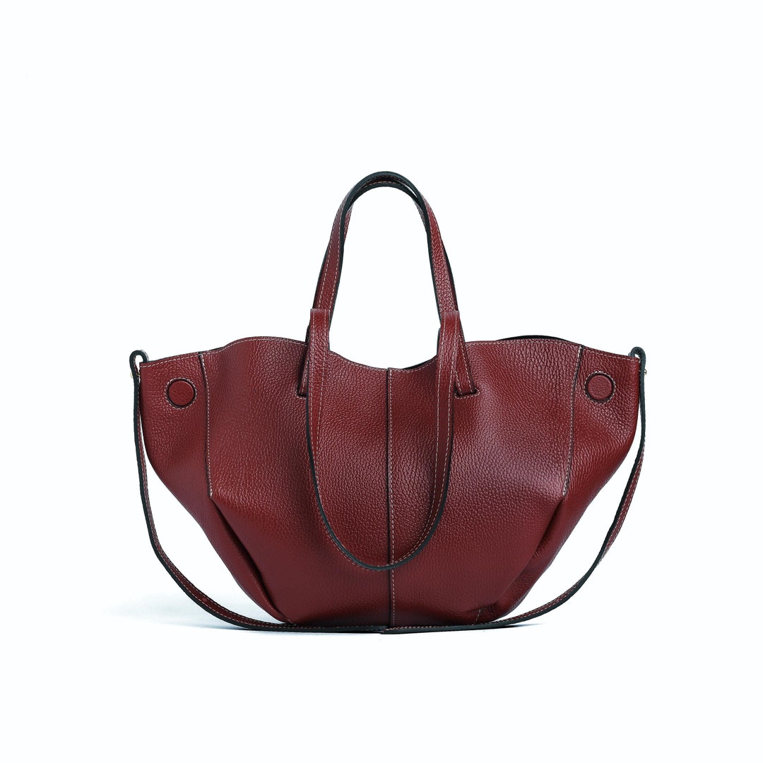 Burgundy Genuine Leather Tote Bag, Compact Chic Handbag for Women, With ...