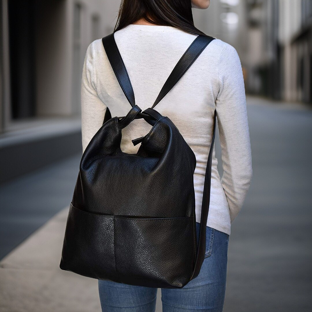 Leather Black Convertible Hobo Backpack Purse, Women's Large Shoulder ...