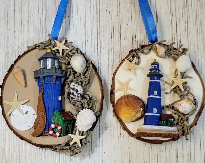 Handcrafted 2 Lighthouse/shell Ornaments - Etsy
