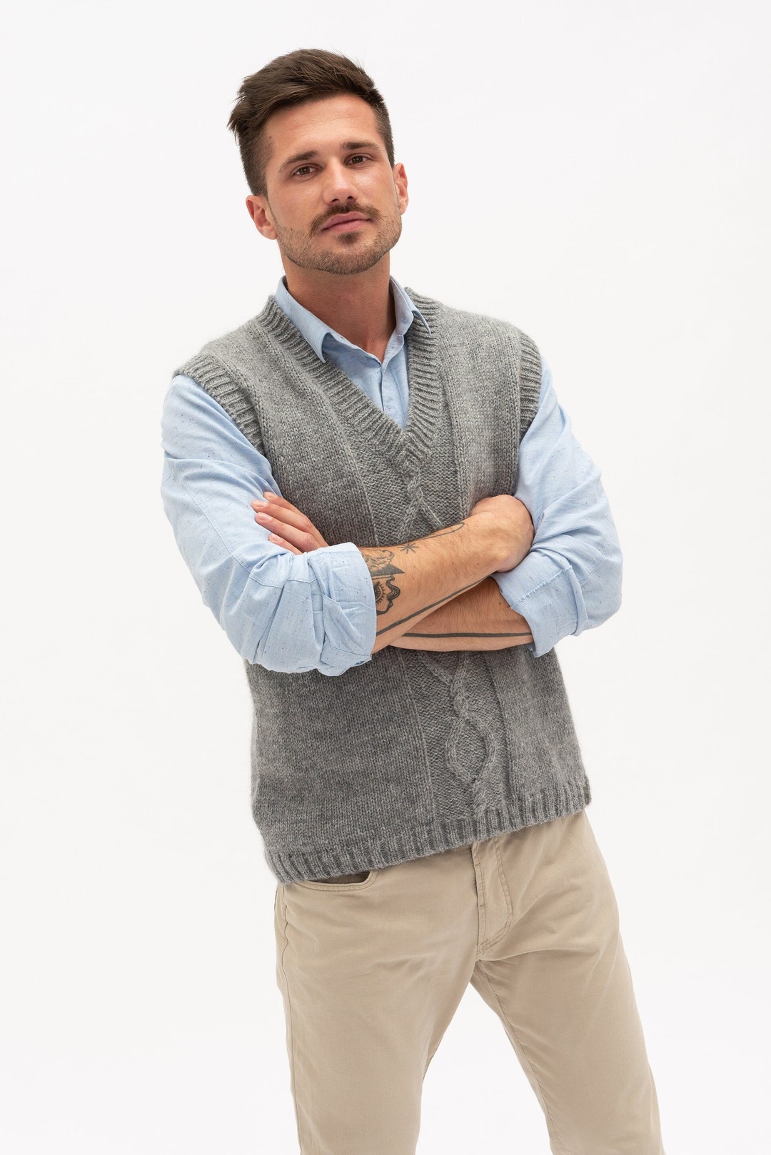 Merino Wool Vest, Men's Vintage Style Knit Vest in Gray, Scandinavian ...