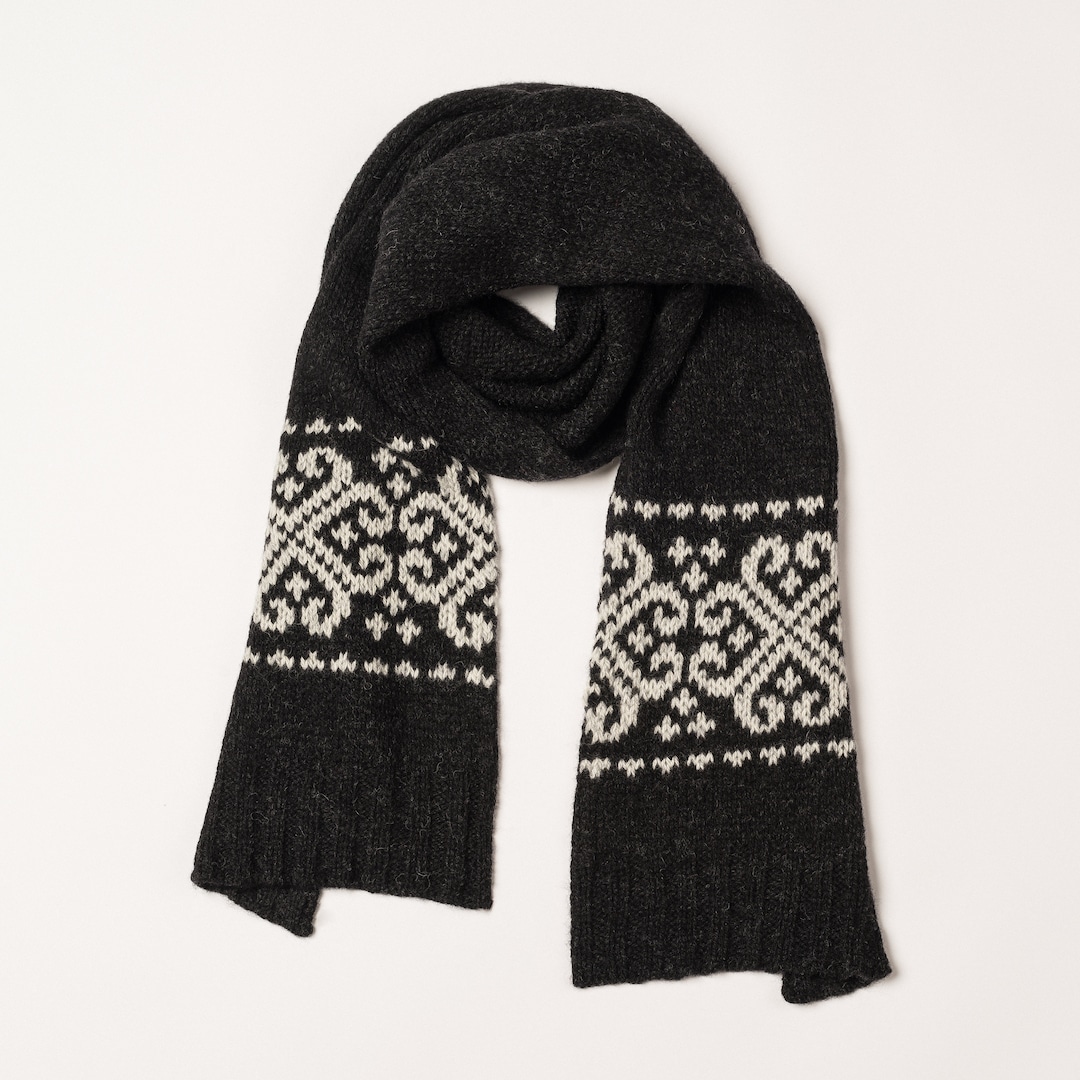 Chunky Knitted Wool Scarf, Dark Unisex Scarf With White Pattern, Hand ...