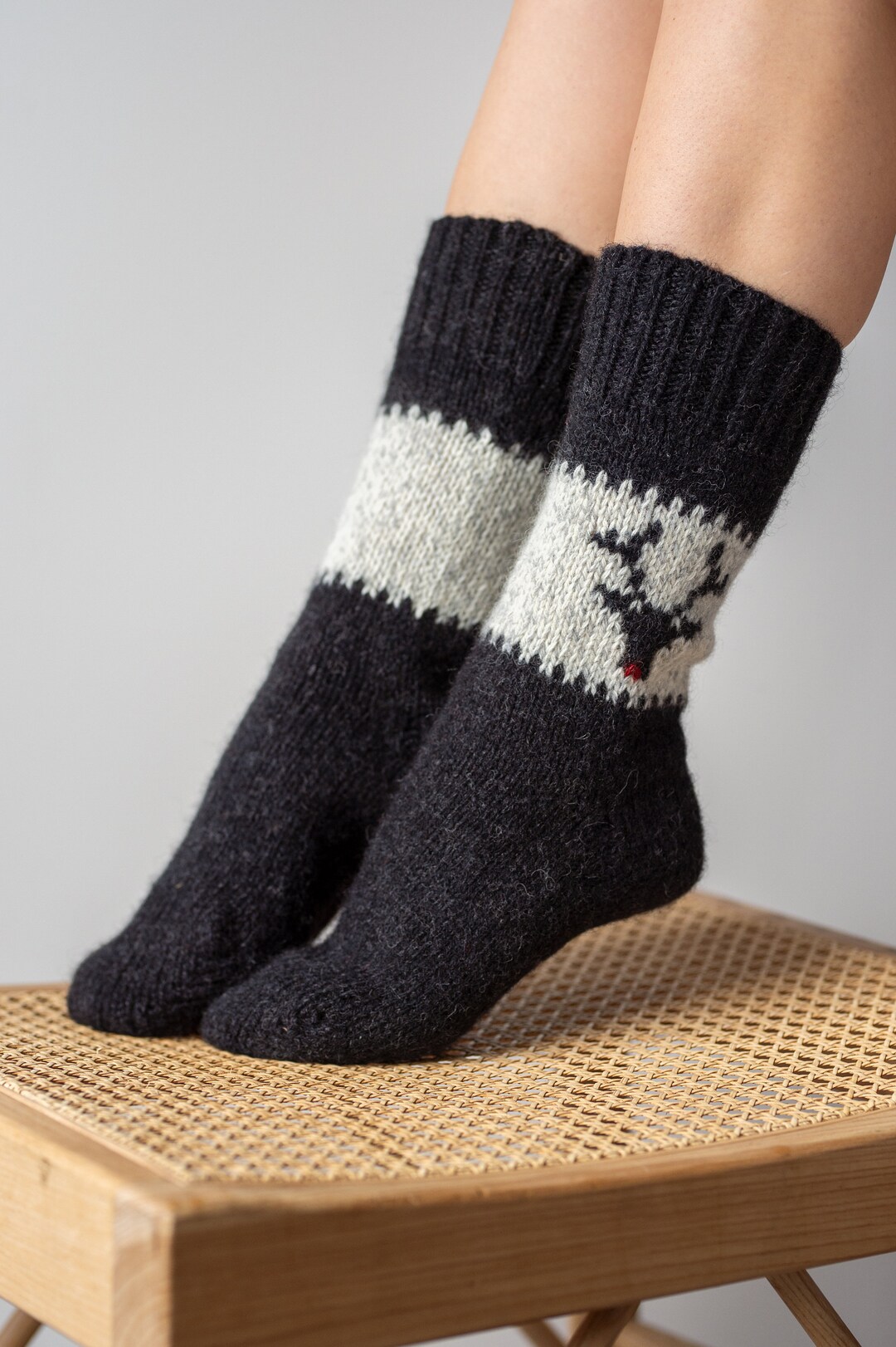 Ready to Ship Black Natural Wool Socks With Deer Ornaments, Handmade ...