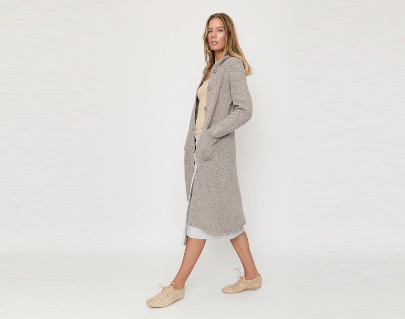 Super Long White Women's Cardigan Sweater With Hoodie, Button Closure ...