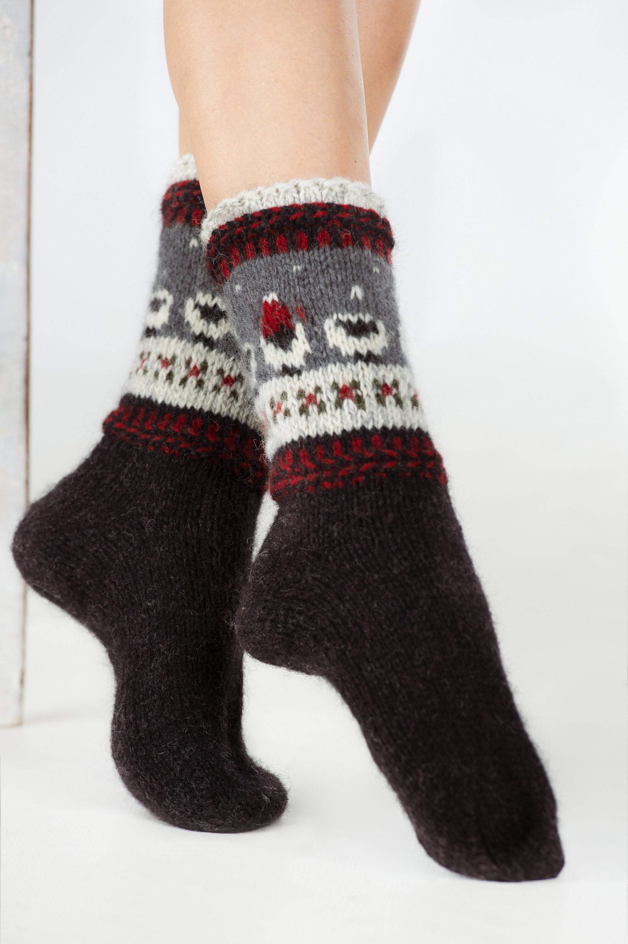Vintage Black Boots Socks, Scandinavian Hygge Hand Knitted Wool Socks ...