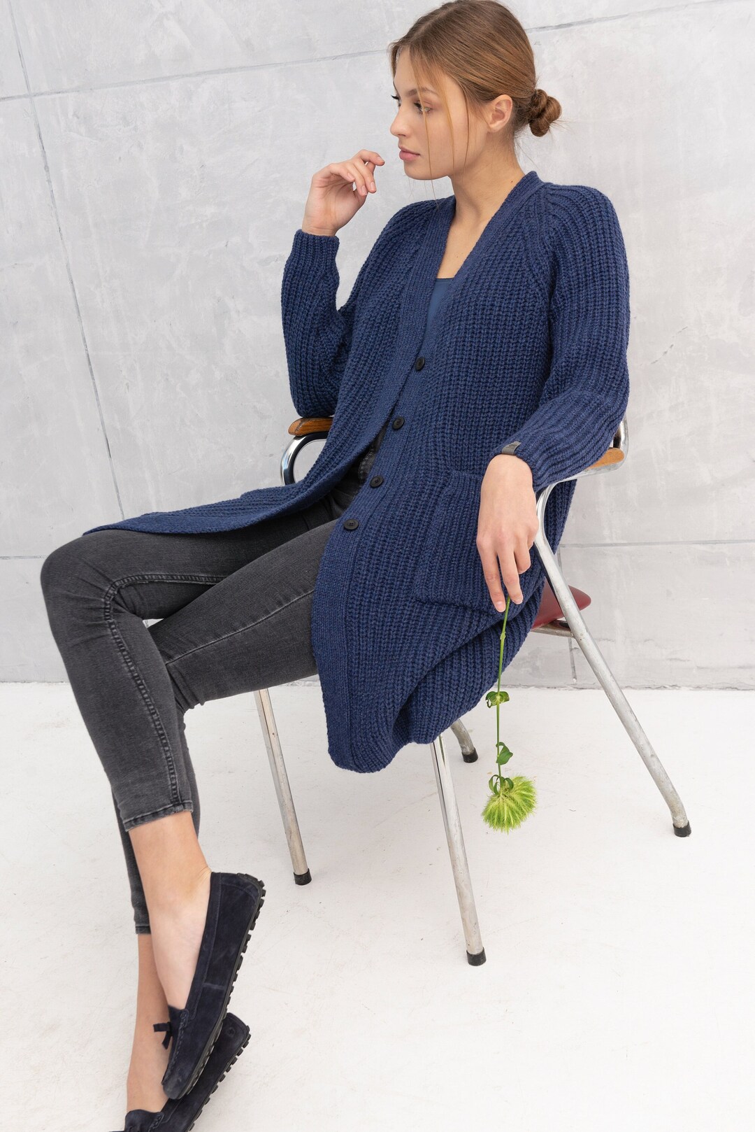 Blue Cashmere Cardigan, Knitted Merino Wool Coat, Warm Long Cardigan ...