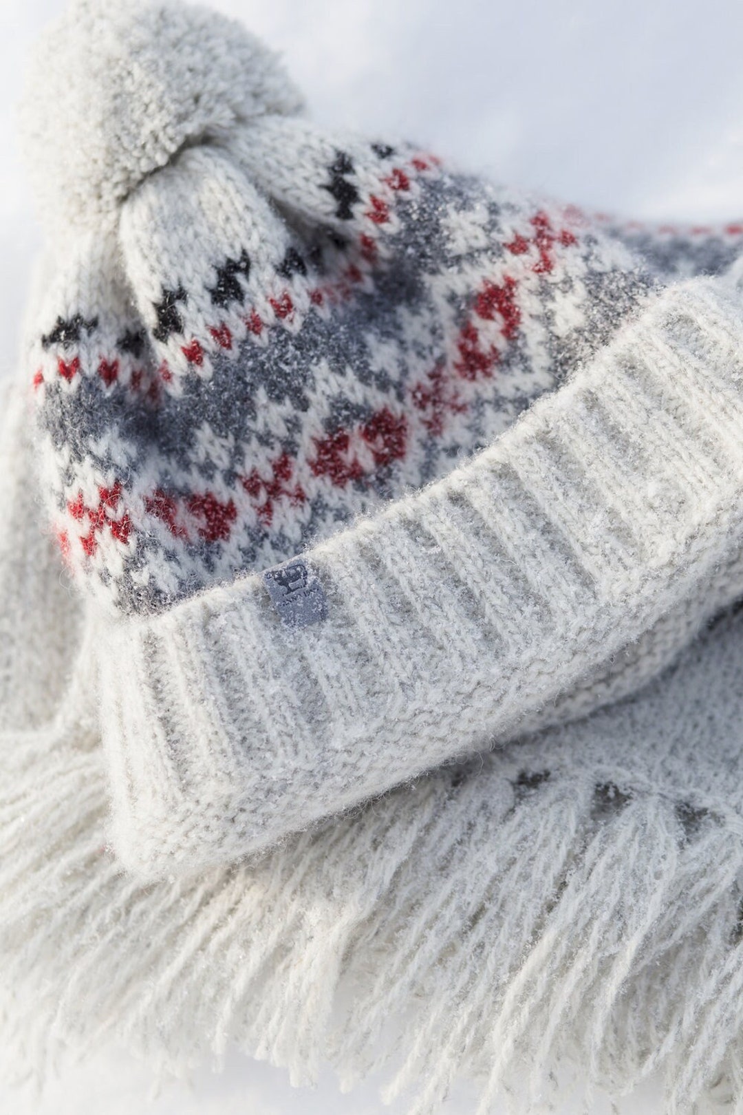White Woolen Winter Hat With Pom and in Red Ornament, Knitted Vintage ...