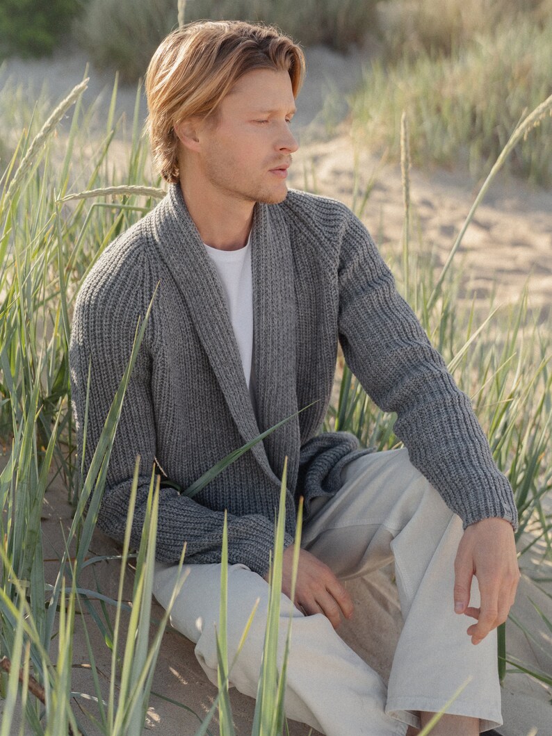 Soft Merino Wool Men's Cardigan, Hand Knitted Woolen Sweater, Open ...