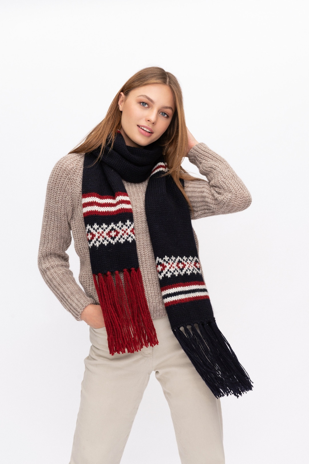 Hand Knit Woolen Scarf With Fringles, Organic Wool Long Scarf, Black ...