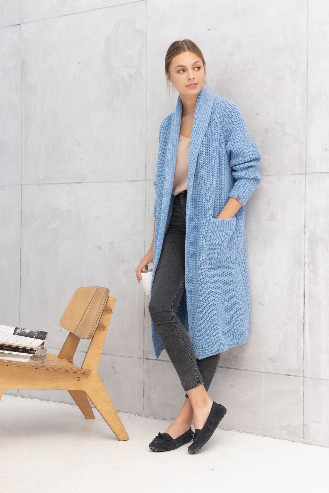 Long Organic Merino and Cashmere Cardigan, Warm Wool Coat, Thick Woolen ...