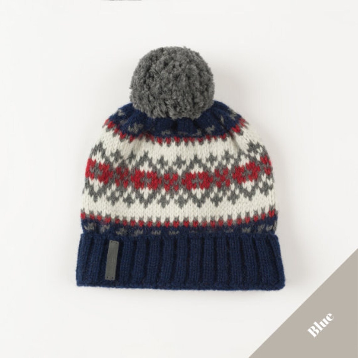 White Woolen Winter Hat with Pom and in Red Ornament | Etsy