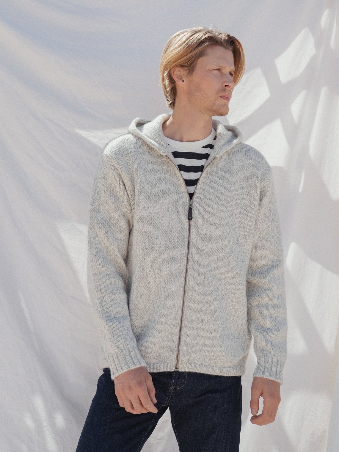 Sustainable Wool Hand Knit Jumper for Men, Hooded Wool Sweater Man ...