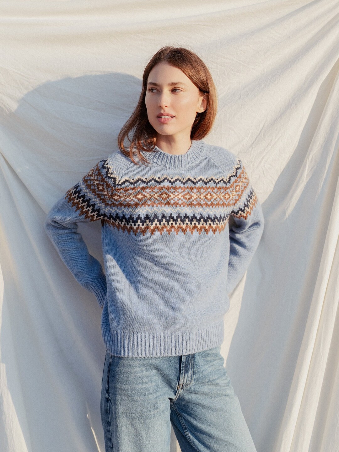 Blue Knitted Sweater With Icelandic Motifs, Vintage Style Jumper ...
