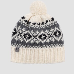 Chunky Wool Beanie With Booble in White Melange Color and Ornaments ...