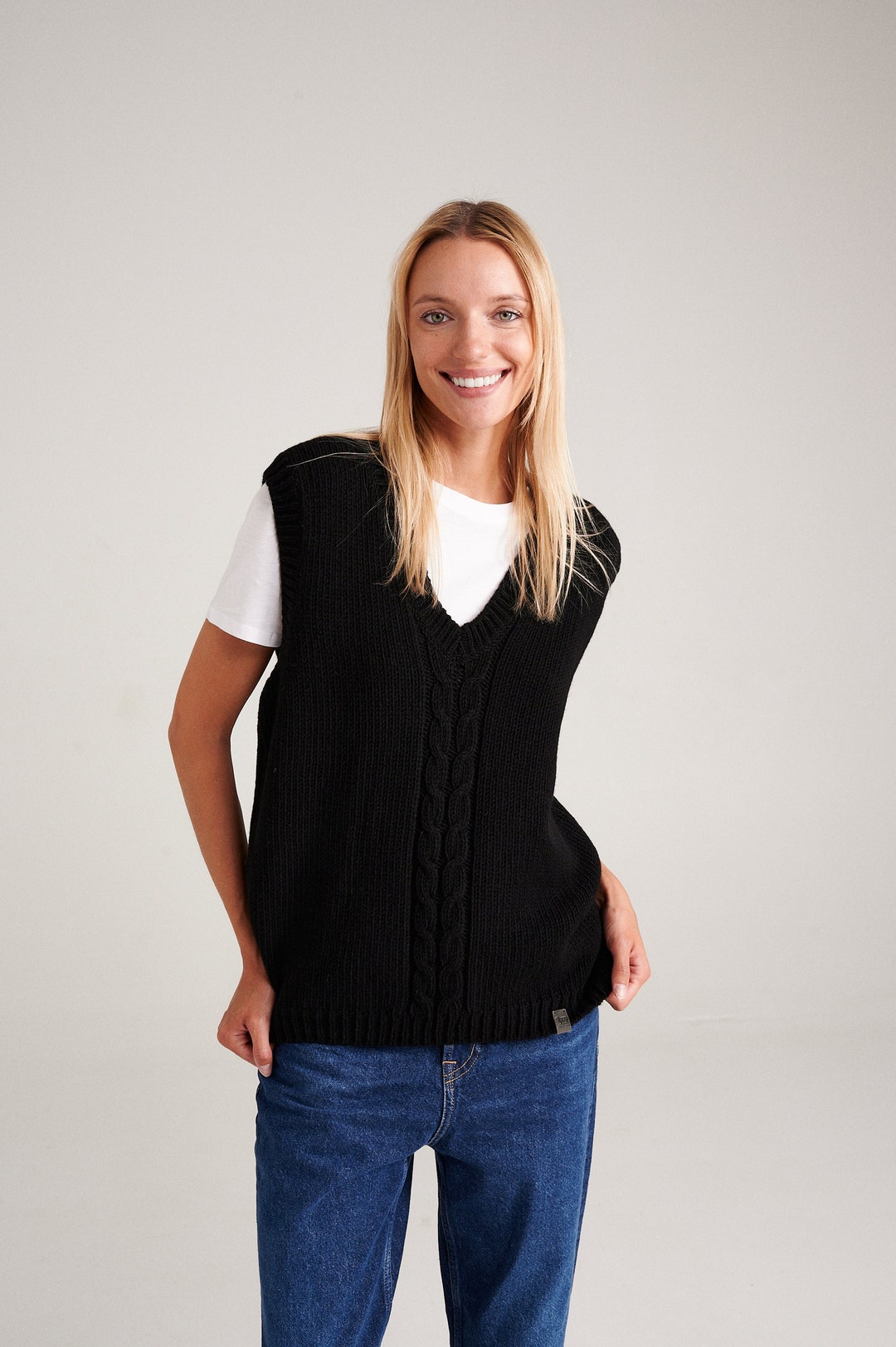 Black Cashmere Merino Sweater Vest, Knitted Cashmere Wool Vest, Women's ...