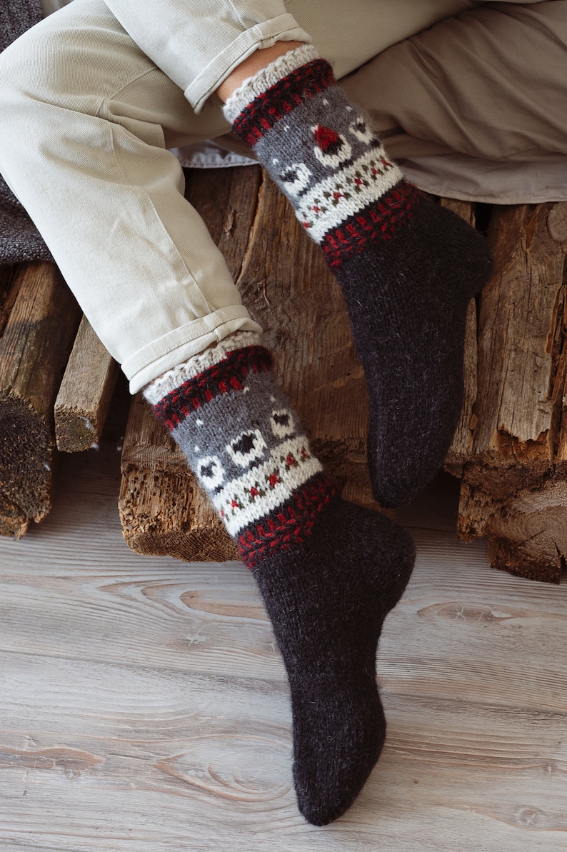 Vintage Black Boots Socks, Scandinavian Hygge Hand Knitted Wool Socks ...