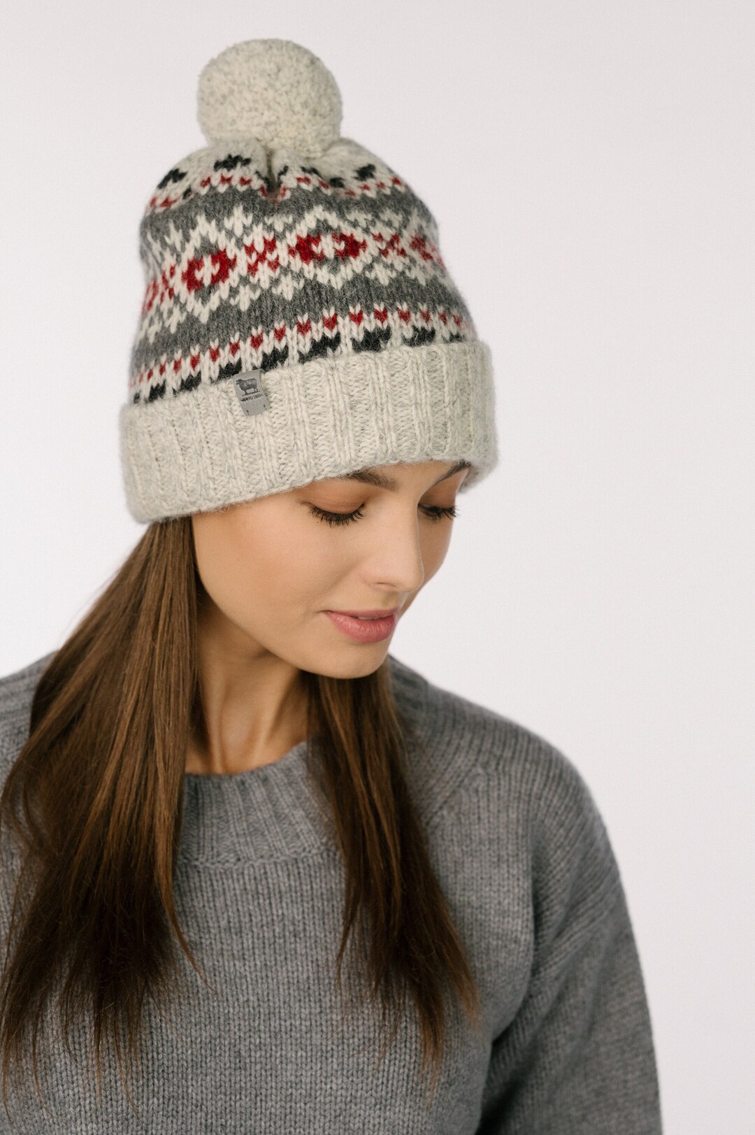 Natural Wool Bobble Hat in Navy With Red Ornament, Hand Knitted Pure ...
