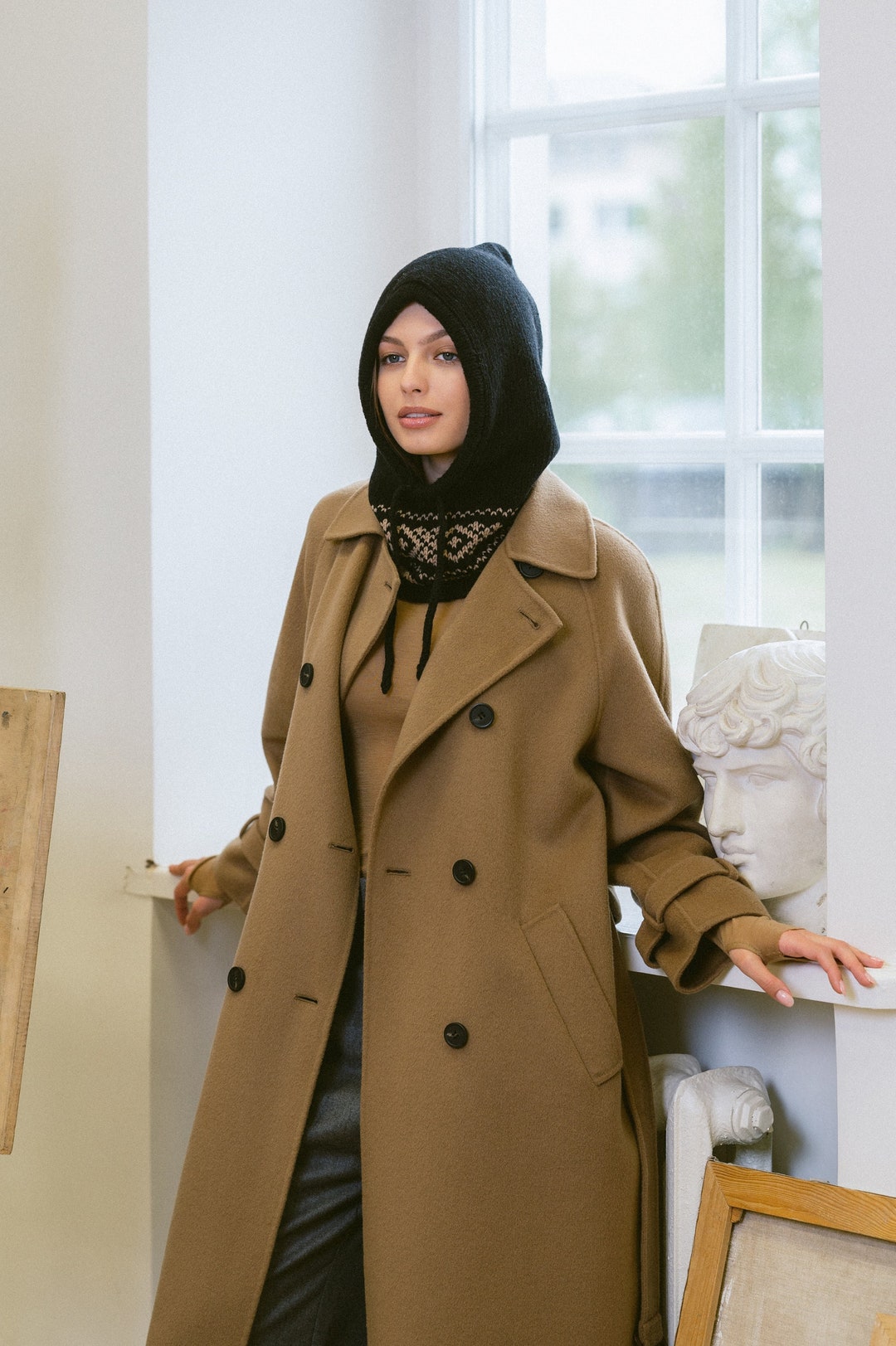 Black Balaclava Hooded Cowl, Nordic Woolen Hood Scandinavian Style ...