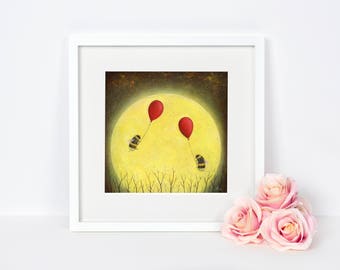 Moon and Bee Fine Art Print Space Art Nature Painting | Etsy