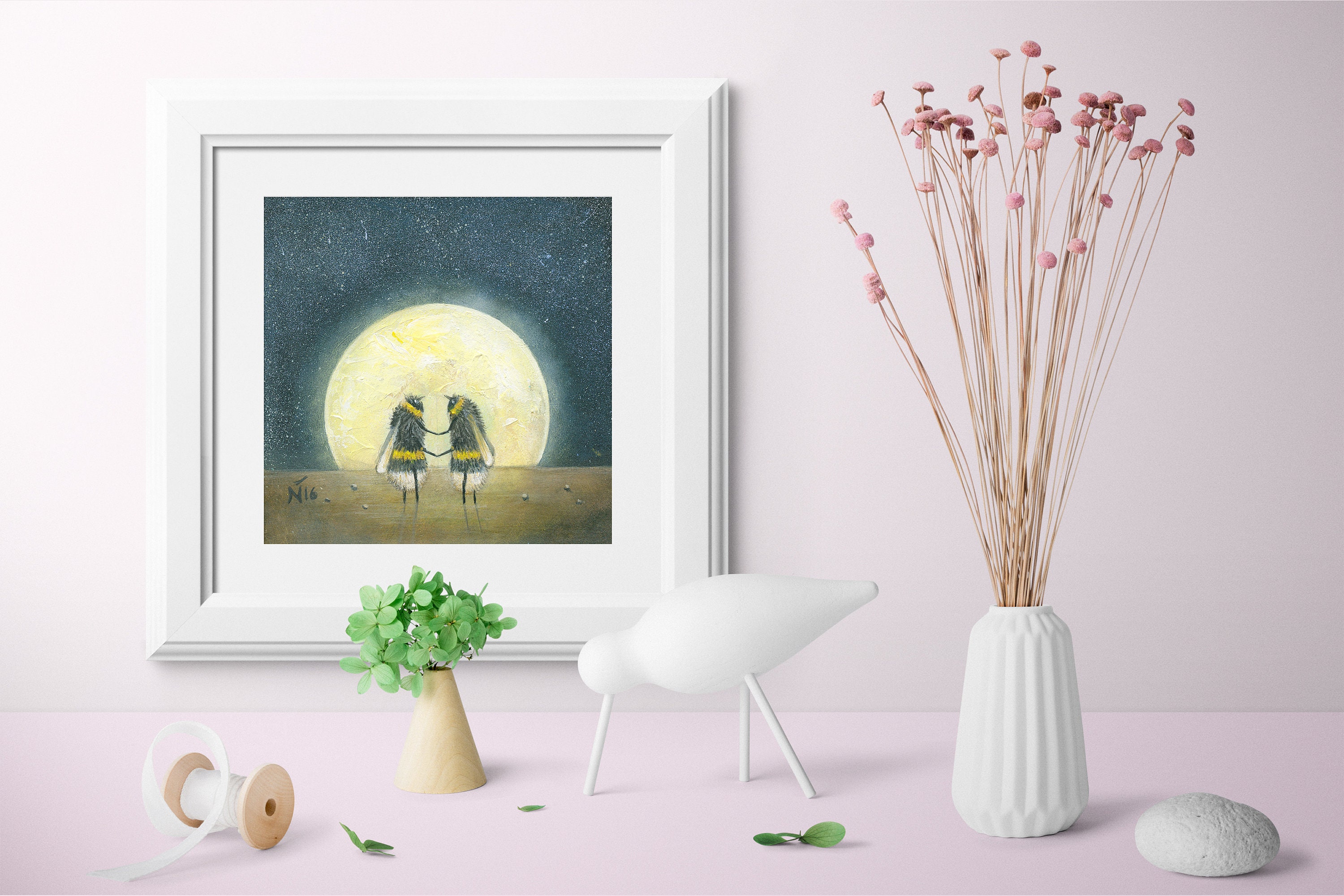 Moon and Bee Fine Art Print - Space Art - Nature Painting - Gift Idea ...