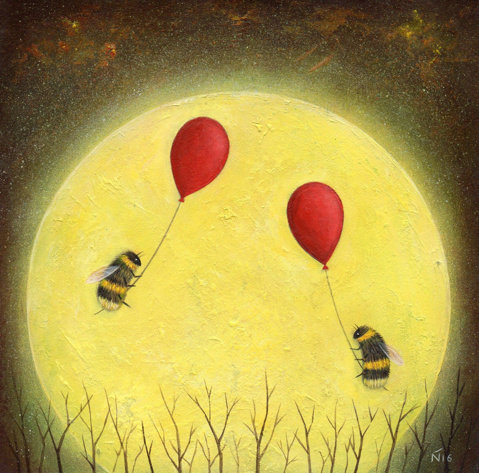 Full Moon With Bee and Balloon Art Print Nature Painting - Etsy UK
