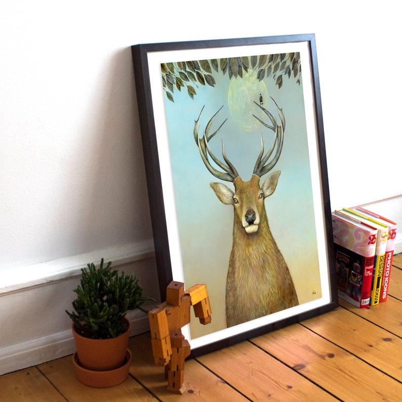 Stag Art Print Red Stag Painting Bee Art Print Full Moon - Etsy