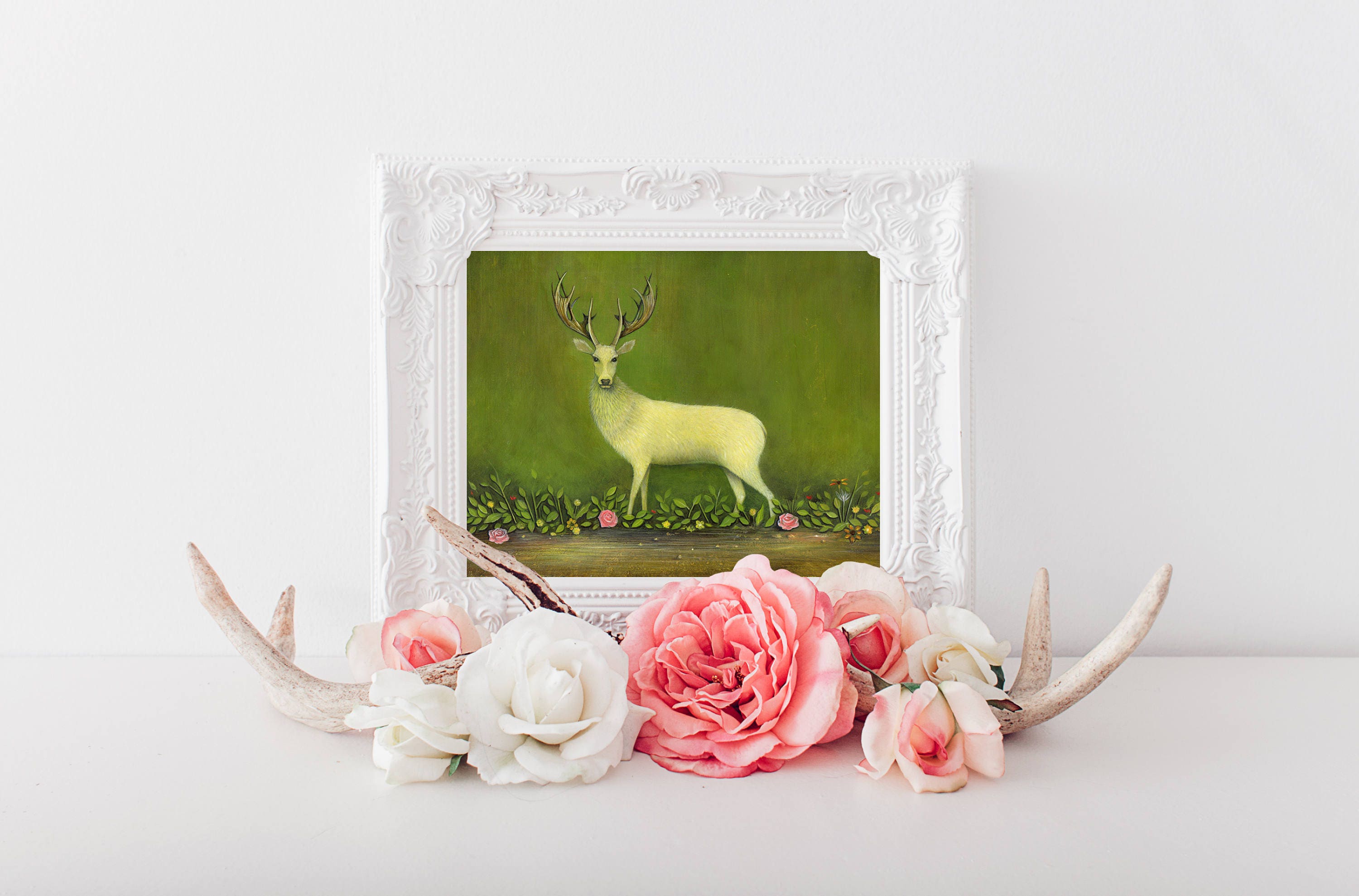 White Stag With Flowers Art Print Home and Nursery Decor - Etsy UK