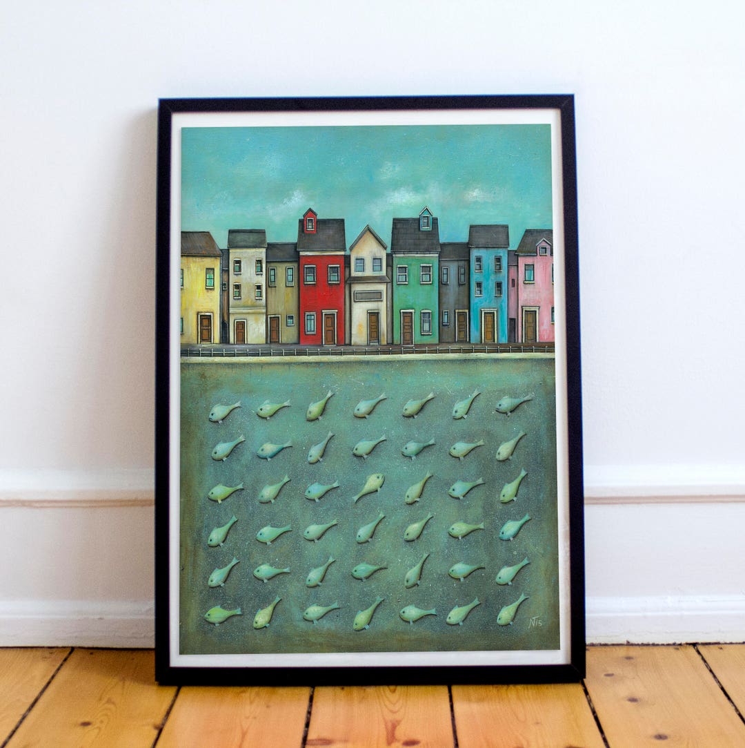 Seascape Art Print, Sea Houses Painting, Seaside Print, Sea Houses Art ...
