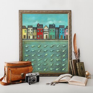 Seascape Art Print, Sea Houses Painting, Seaside Print, Sea Houses Art ...