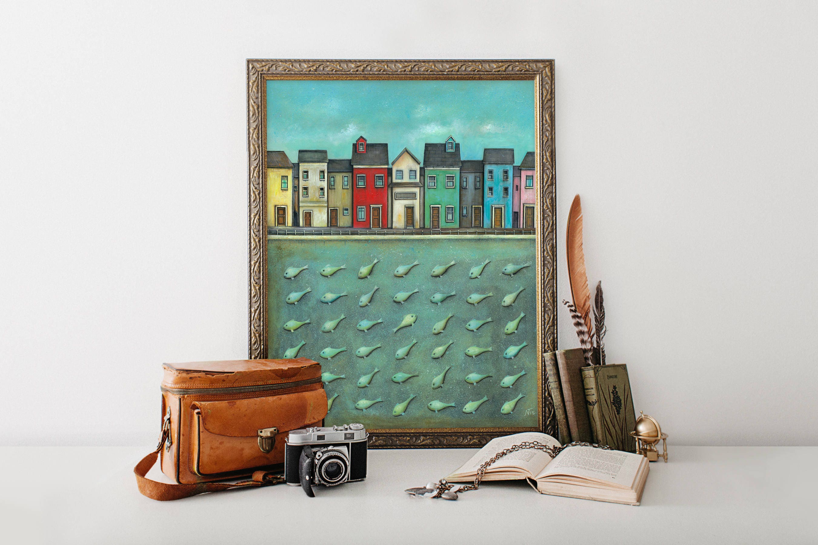 Seascape Art Print, Sea Houses Painting, Seaside Print, Sea Houses Art ...
