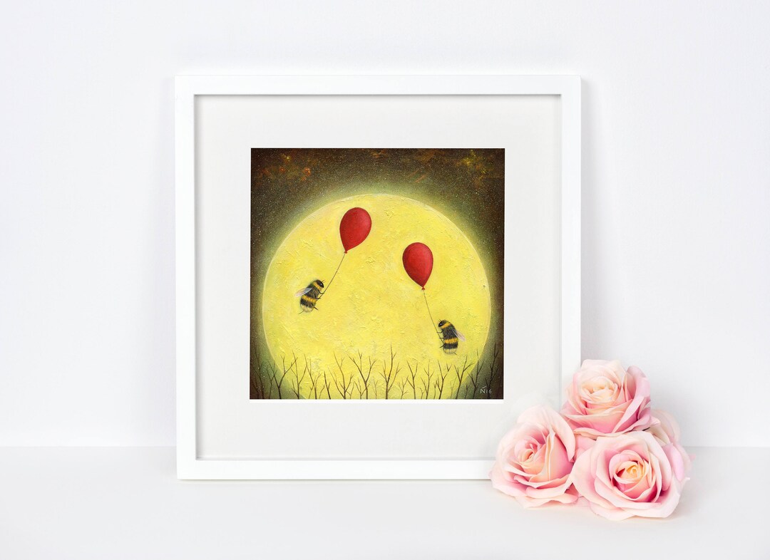 Full Moon With Bee and Balloon Art Print - Nature Painting - Gift Idea ...