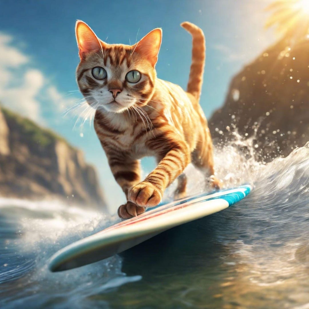 Big Wave and a Surfing Cat - Etsy