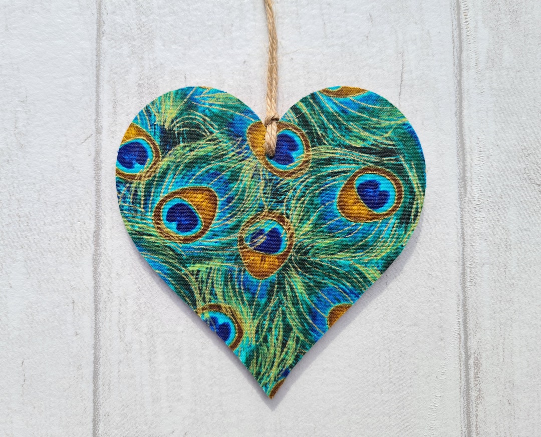 Peacock Feather Wooden Hanging Heart Bird Nature Decoration 10cm Home ...