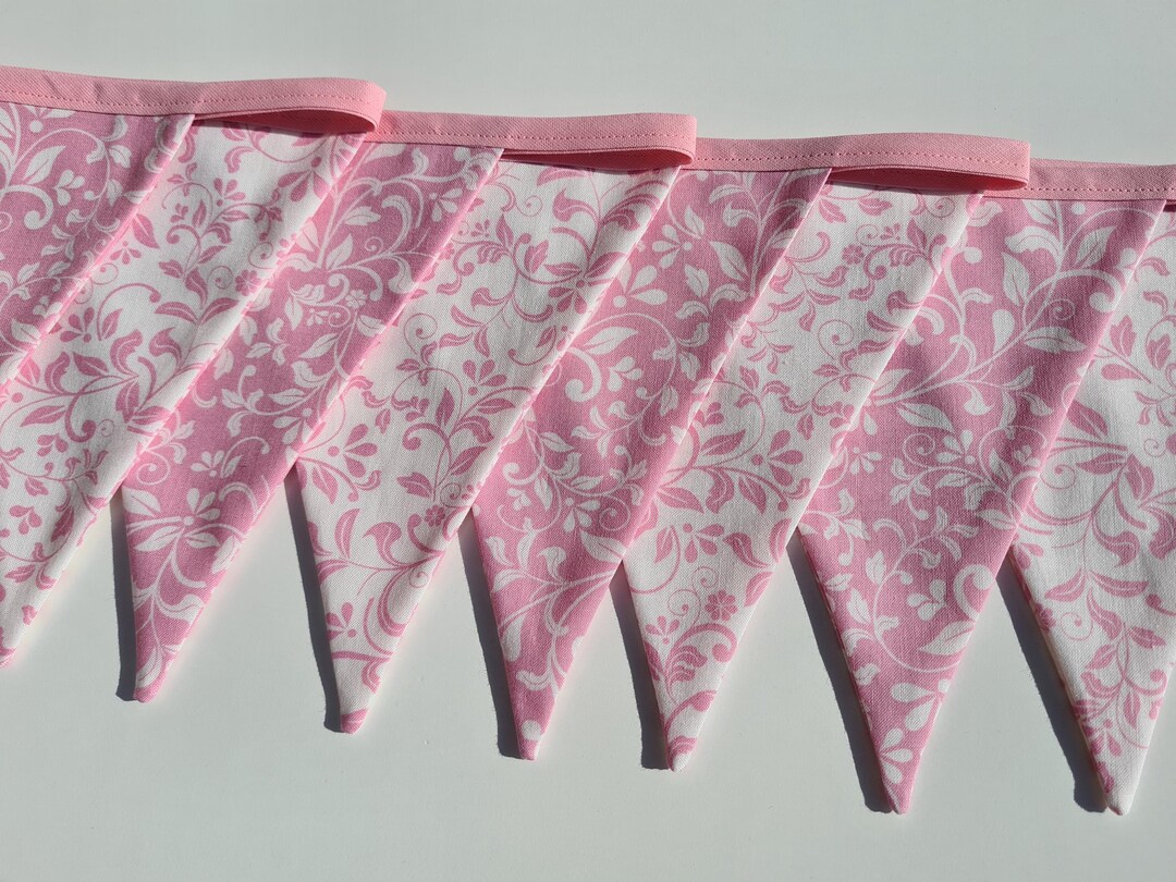 Floral Bunting Pink & White Cotton Double Sided Flags Fabric Handmade ...