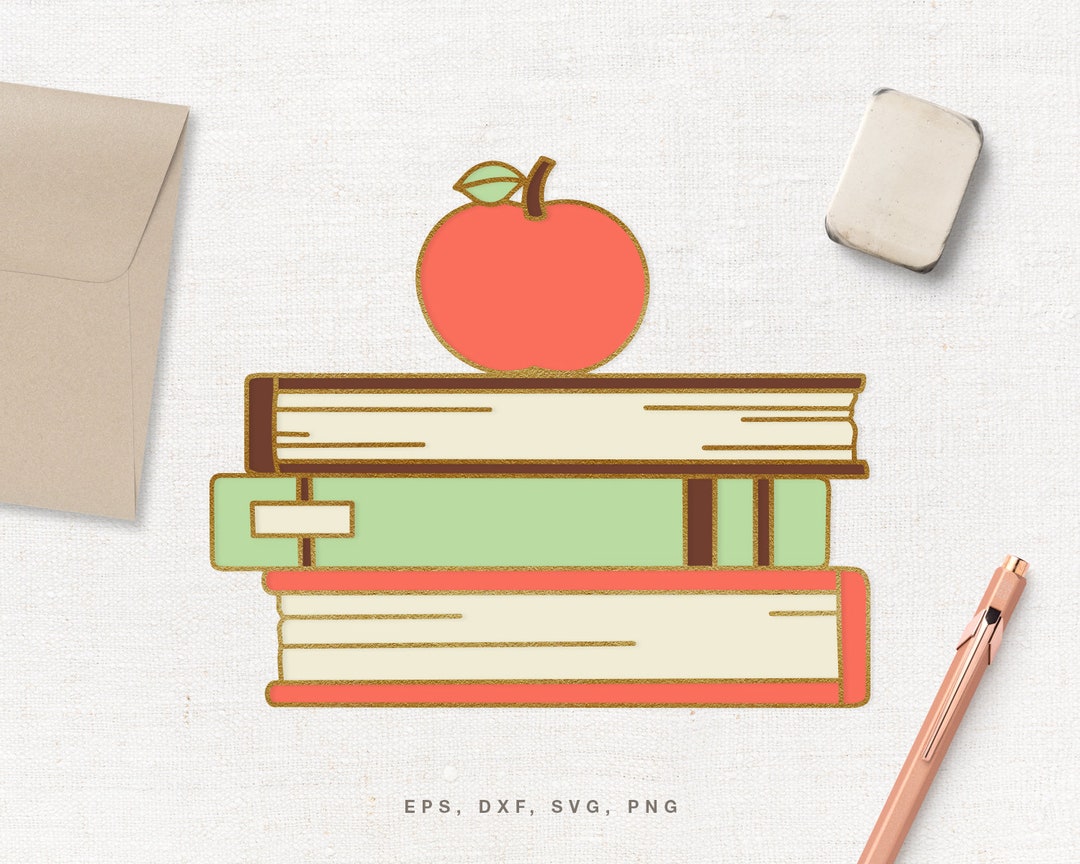 Books and Apple SVG Cut File (svg Dxf Png Eps) Silhouette & Cricut ...