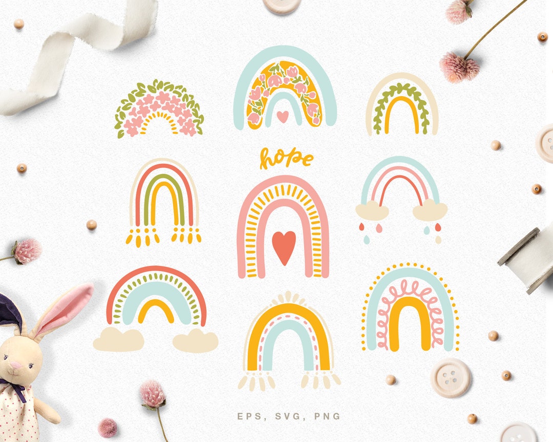 Rainbows Clipart Set (SVG, PNG, EPS) Printable and Cutfile for ...