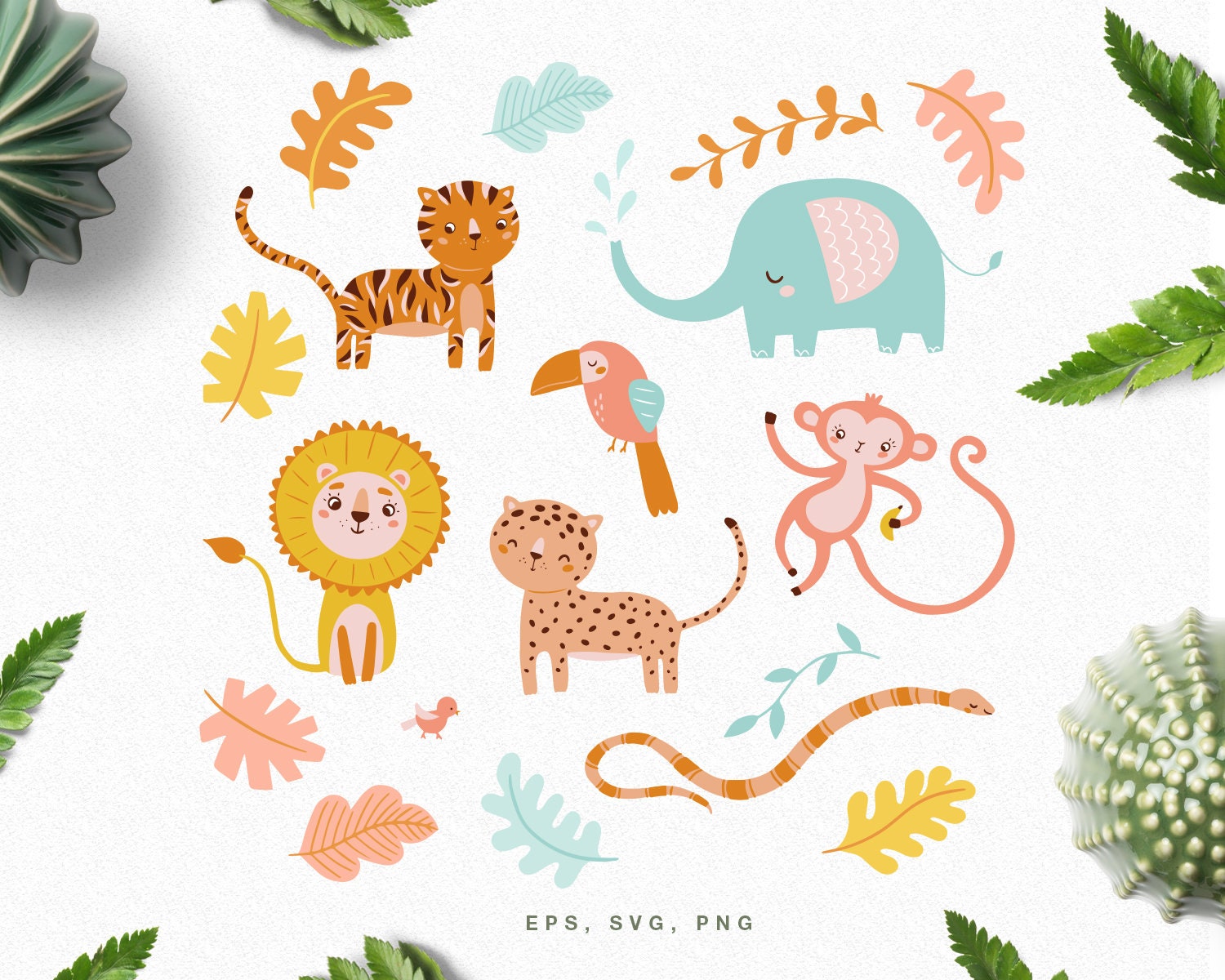 Cute Jungle Animals and Tropical Leaves Clipart Set (SVG, PNG, EPS ...