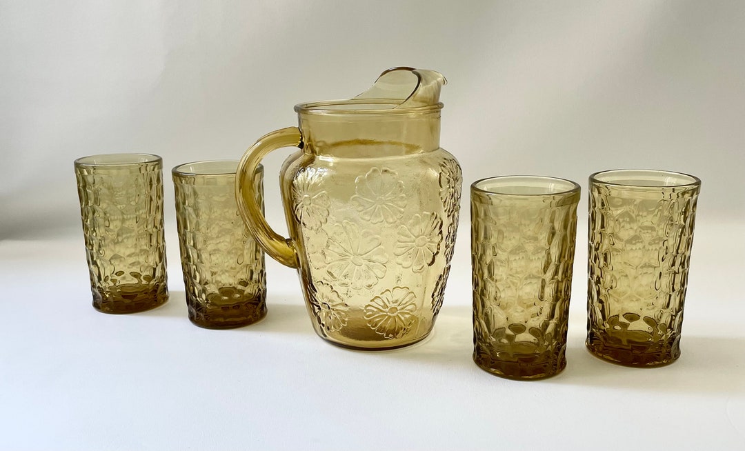 Vintage Yellow Floral Glass Pitcher With 4 Drinking Glasses - Etsy