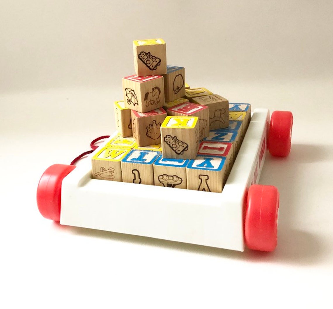 Vintage Block Wagon With Colorful Set of Wooden Blocks | Etsy
