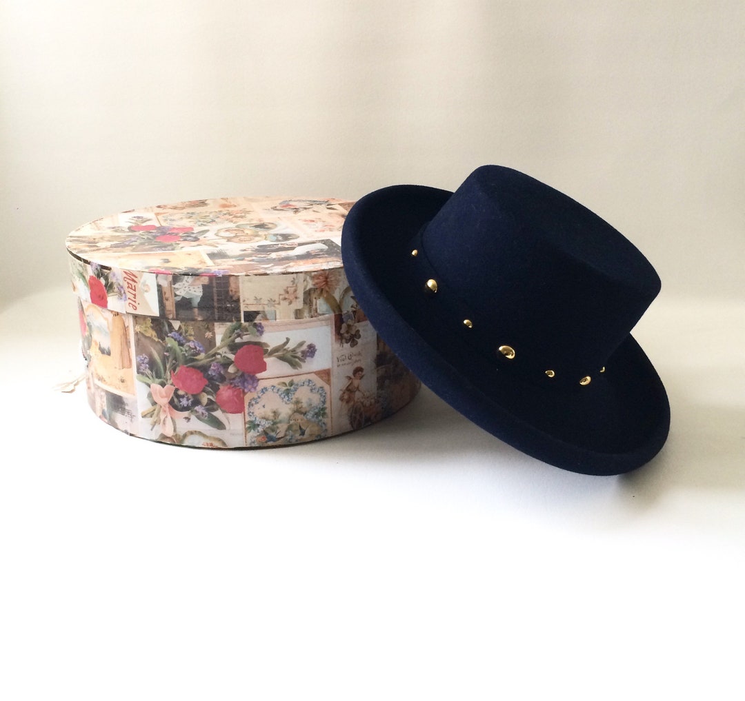 Vintage Navy Wool Wide Rimmed Womens Hat and Hat Box - Etsy