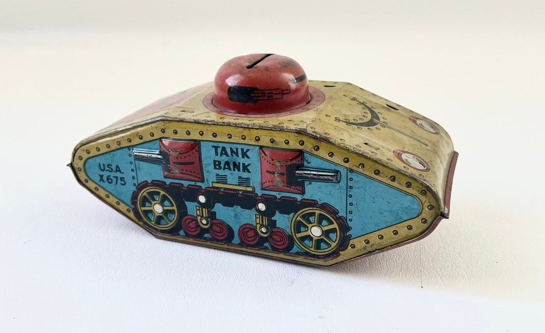 Vintage Colorful Litho Tin Army Tank Bank- USA 675 Tank Bank - Made in ...