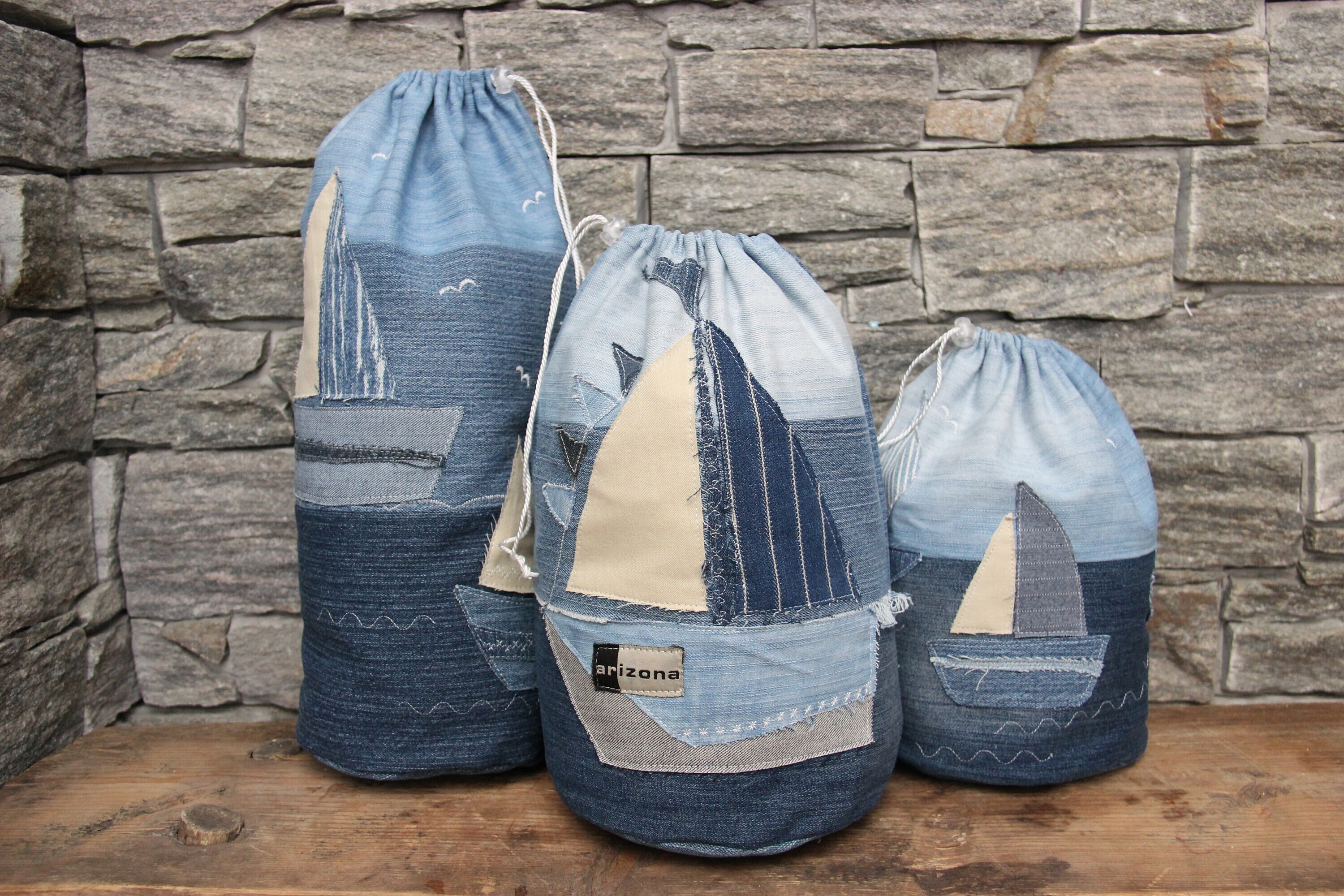 Recycled Denim Storage Bag, Denim Drawstring Bag, Denim Sailboat Bag ...