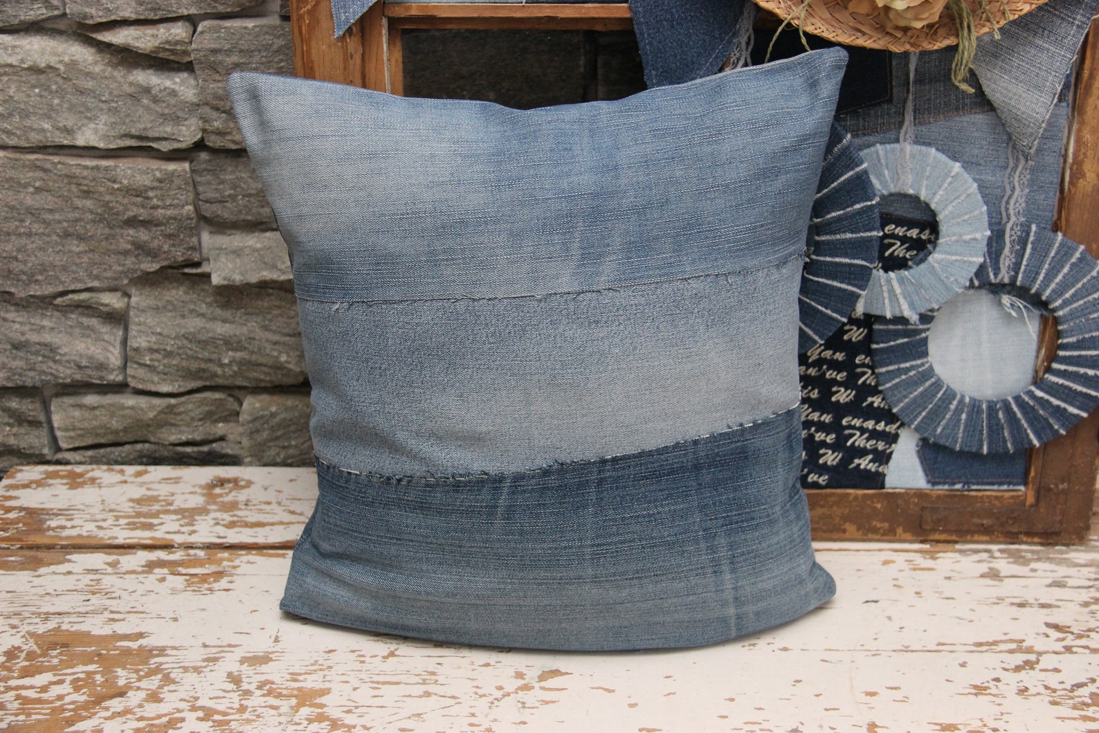 Upcycled Denim Cushion With Welcome Home or Home Letters Embroideries ...