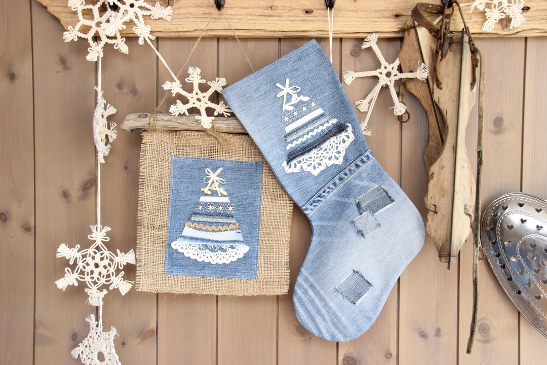 Recycled Denim and Burlap Christmas Tree Wall Decor on Driftwood Stick ...