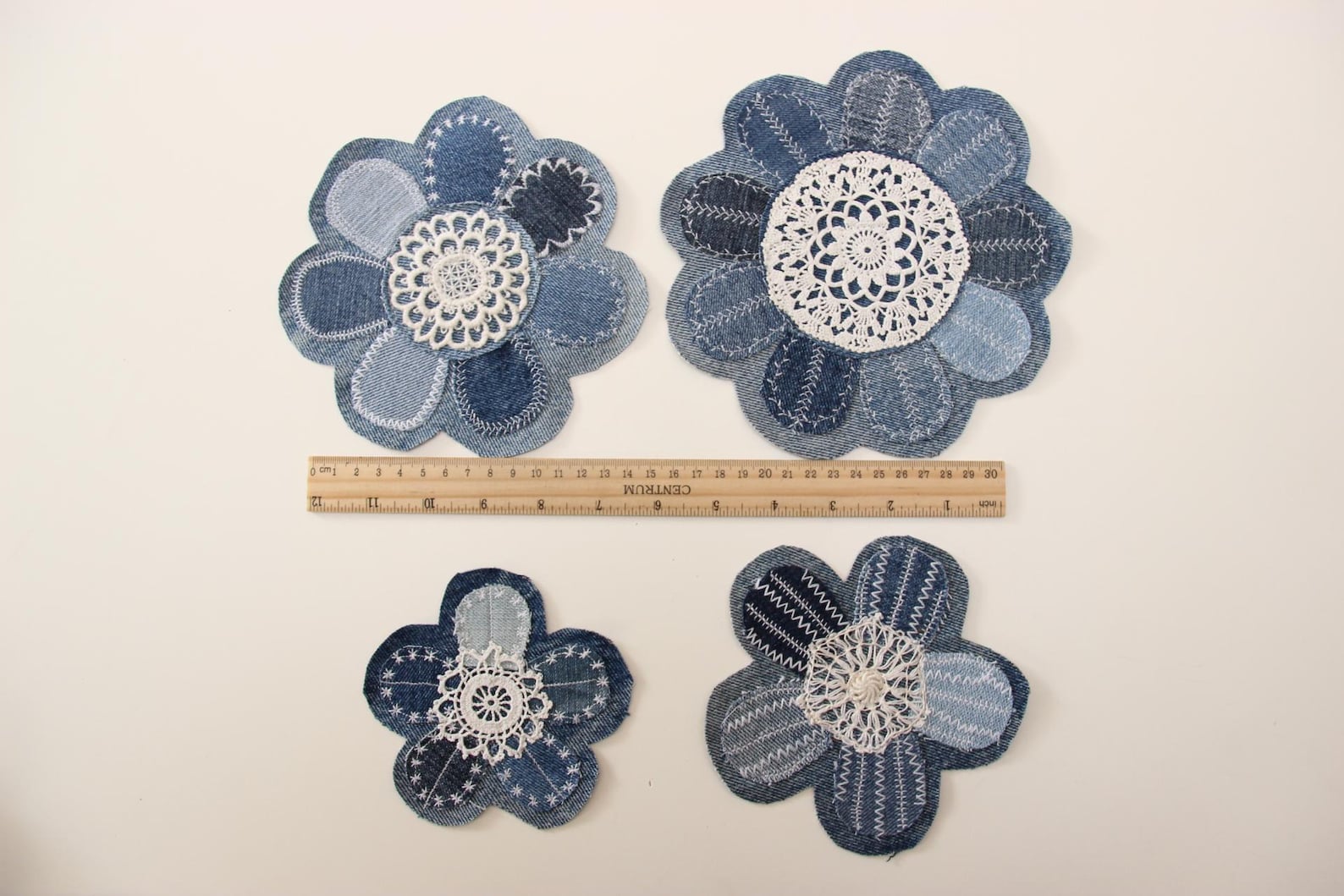 Recycled Denim and Crocheted Doily Flower Patches , Denim Flower Sew on ...