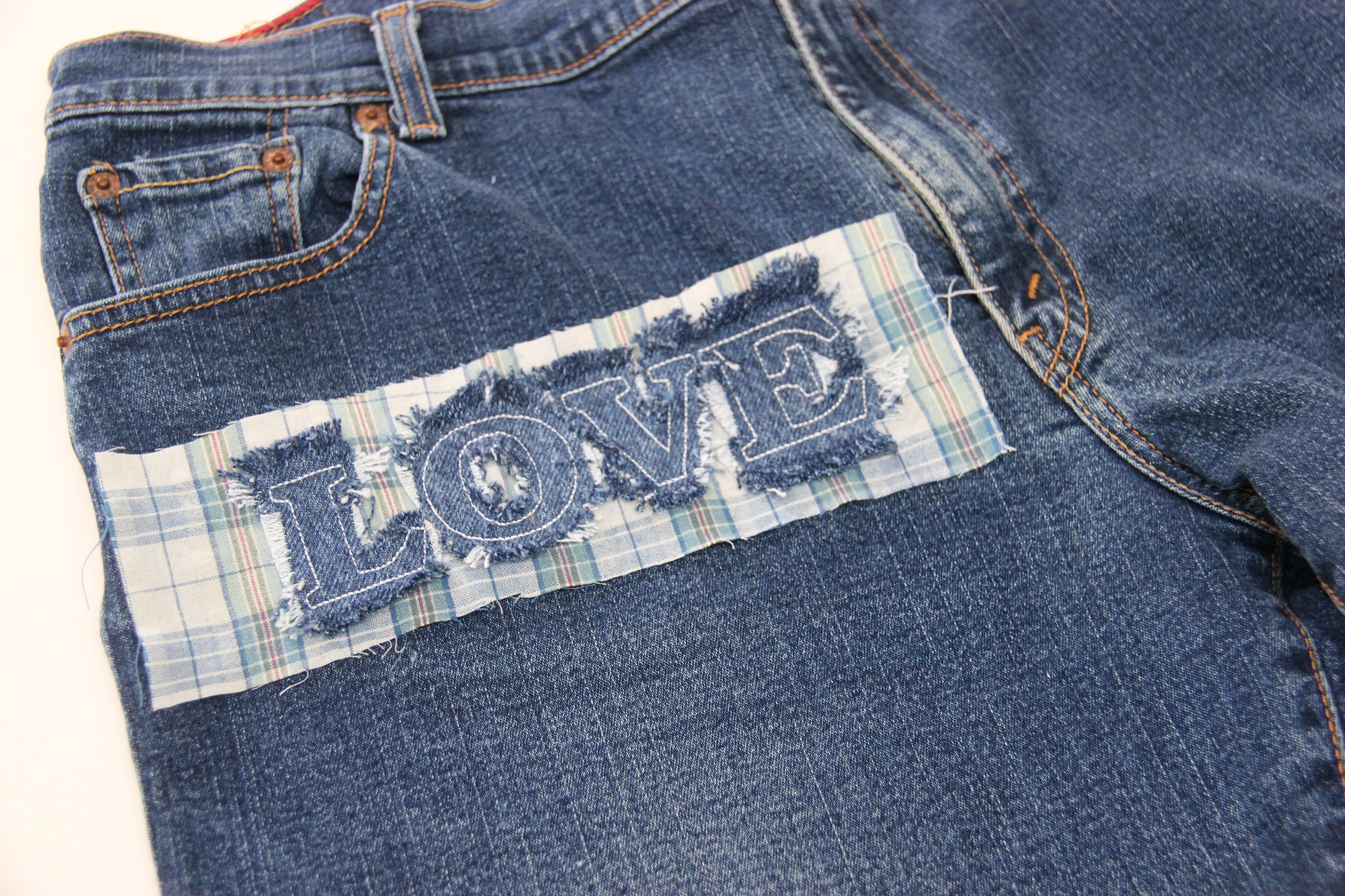 Large Love Patch , Recycled Denim Patch With Fringes , Denim Scrap ...
