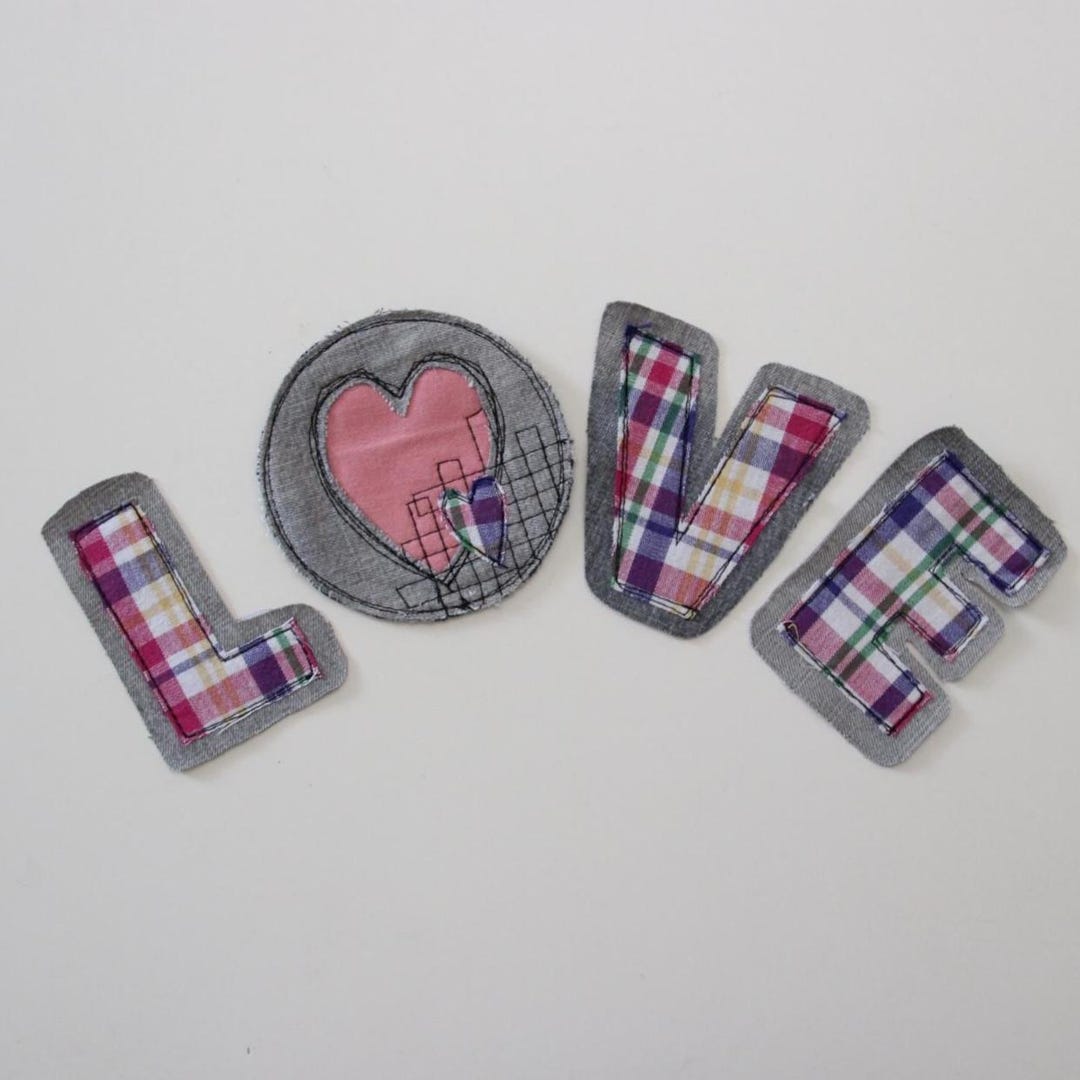 Set of Denim Love and Heart Patches , Sew on Love Lettering Patch ...